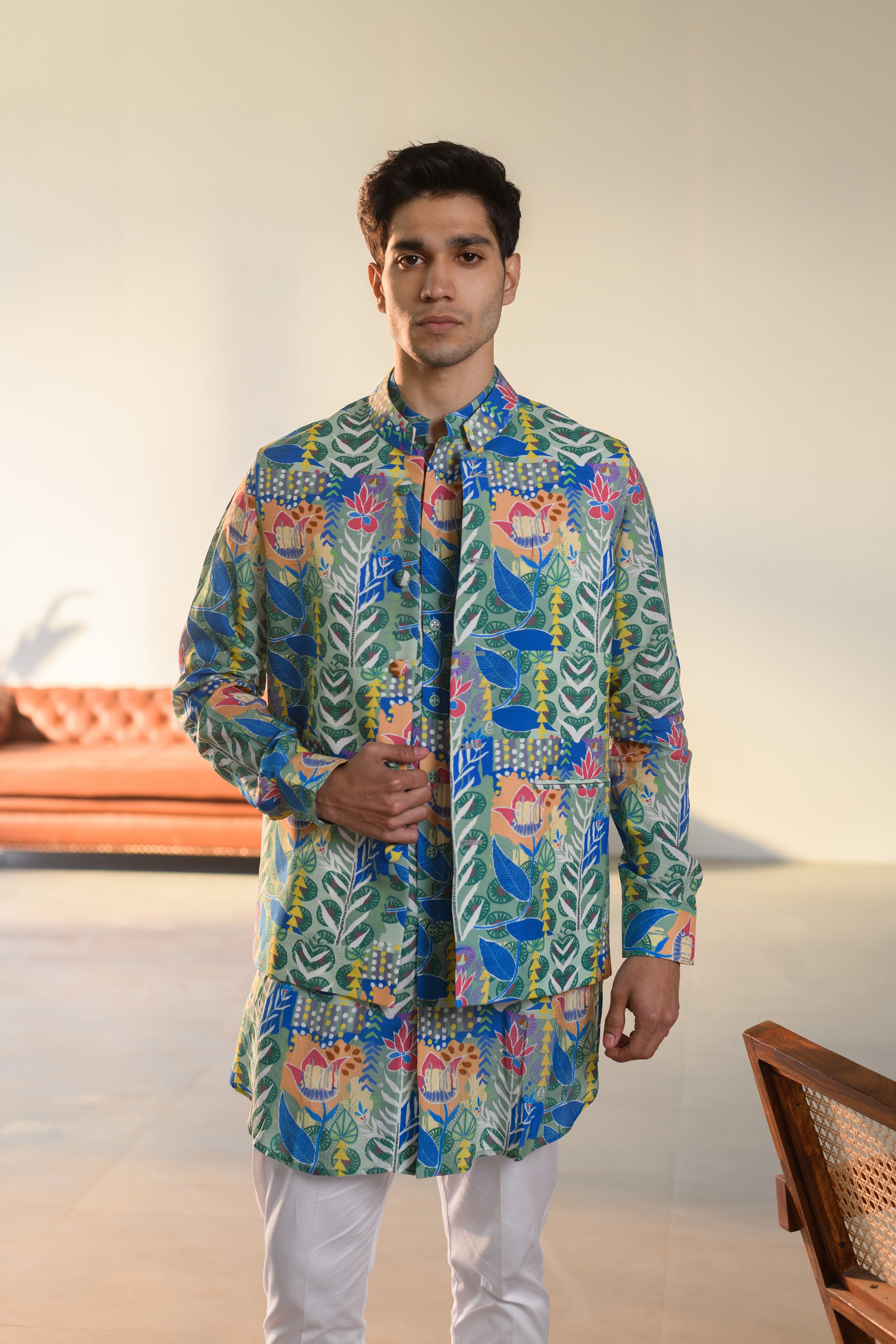 Justina Blue Floral - Russian Silk - Kurta Bandi Set – QB ...