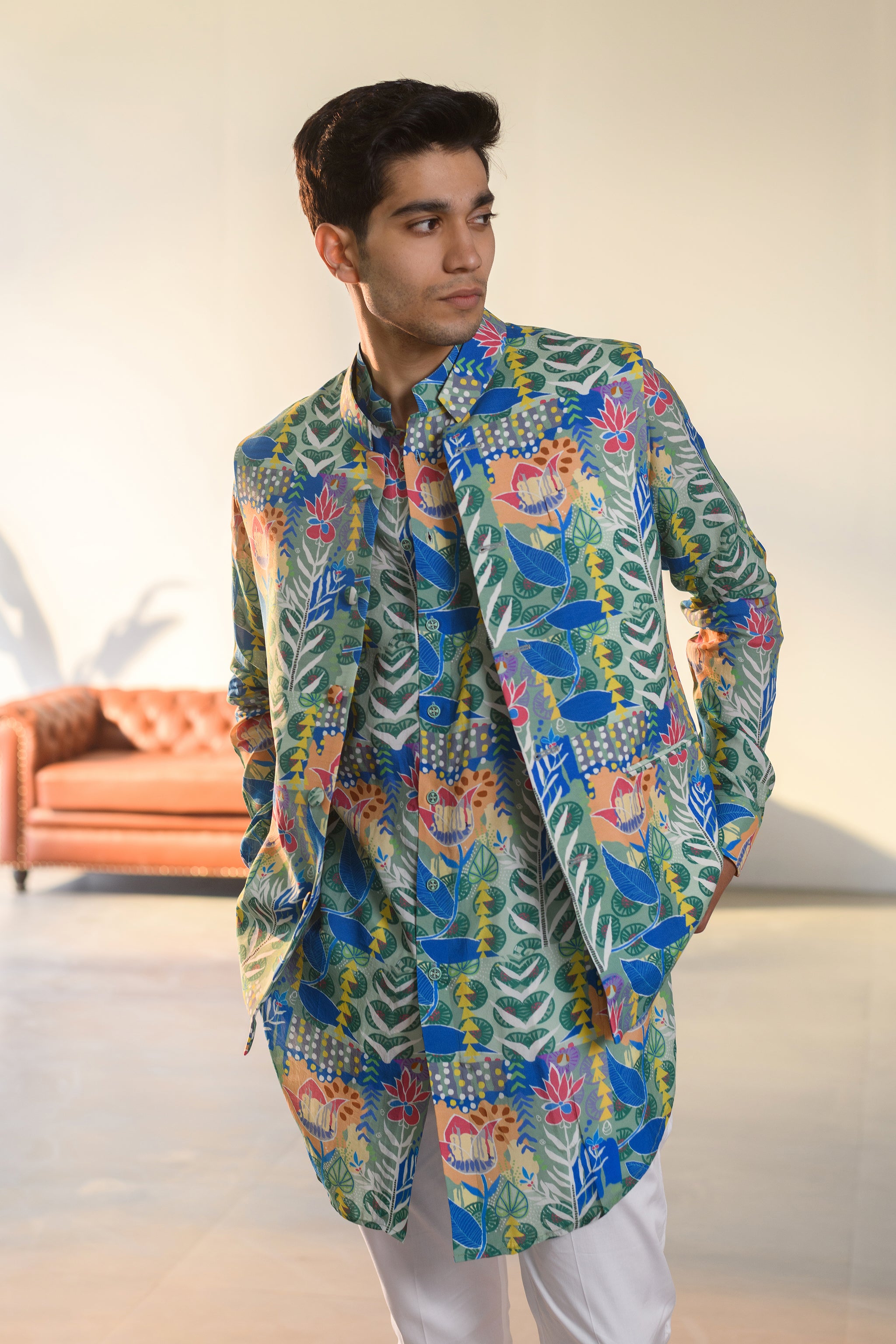 Justina Blue Floral - Russian Silk - Kurta Bandi Set – QB ...